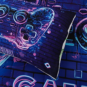 A Nice Night 5Pcs Gaming Comforter Set,Blue Purple 3D Game Contoller Themed Printing Bedding Sets for Kids Teen Boys, Reversible Comforter for All Seasons,Twin