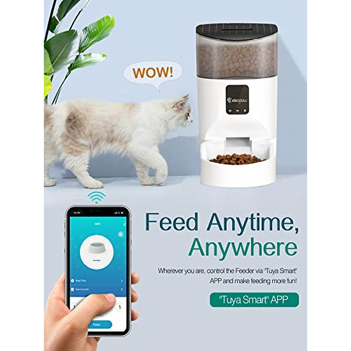 VavoPaw 7L Automatic Cat Feeder, WiFi Enabled Smart Food Dispenser for Cats, Dogs & Small Pets with APP Control, Programmable Timer, Voice Recorder and Portion Control Up to 10 Meals per Day, White