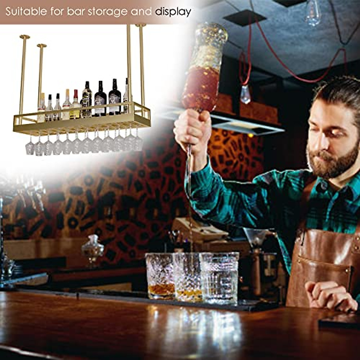 KEPMOGOH Ceiling Wine Glass Rack, Adjustable Hanging Metal Wine Holder Cabinet, Floating Iron Bottle Holder Wine Shelf, Wall-Mounted Wine Rack Storage Shelve for Bar Cafe Kitchen Party(Size : 120cm)