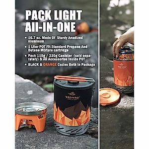 Portable Backpacking Stove WILD-WIND X0 Lightweight Camping Stove Cooking System 1 Liter Pot, One-Piece Design Camp Stove Propane for Hiking, Fishing, Hunting Emergency & Survival (organe)