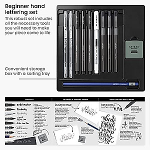ARTEZA Hand Lettering Pens, 12-Piece Calligraphy Set for Beginners, 5 Micro-Line Pens, 2 TwiMarkers, Gel Pen, Bullet Marker, Pencil, & Eraser, Art Supplies with a Guidebook