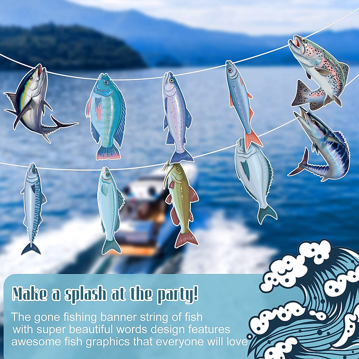 2 Line Fish Party Decorations Gone Fishing String Hanging Banner for Fish Birthday Decorations Retirement Party Decorations Fish Birthday Party Supplies Outdoor Salt Water Barbecue Party Decoration