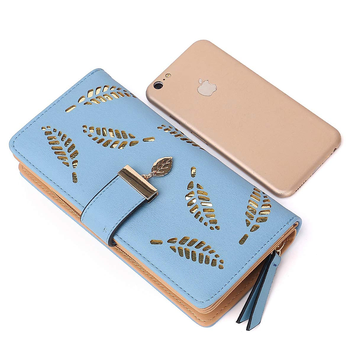 Women's Long short Leather Money Clip Card Case Holder Purse Zipper Buckle Elegant Clutch Wallet（pair） (Blue Large)
