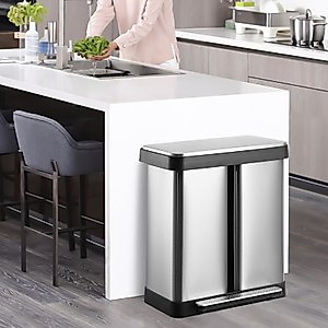 Takywep 19 Gallon Kitchen Trash Can, Hands-Free Recycle Trash Can Without Removable Liners, Stainless Steel Dual Kitchen Step Trash Can