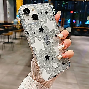 HYUEKOKO Compatible with iPhone 13 Case Bling Glitter White Black Stars Case for Women Girls, Slim Hard Back Clear Phone Case Cover for iPhone 13 6.1''