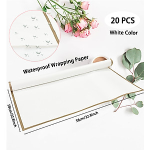 Unarty 20 Sheets White Flower Wrapping Paper, Waterproof Bouquet Wrapping Paper with Gold Edge, Floral Wrapping Paper Florist Bouquet Supplies for Flower Shop 22.8 x 22.8 Inch