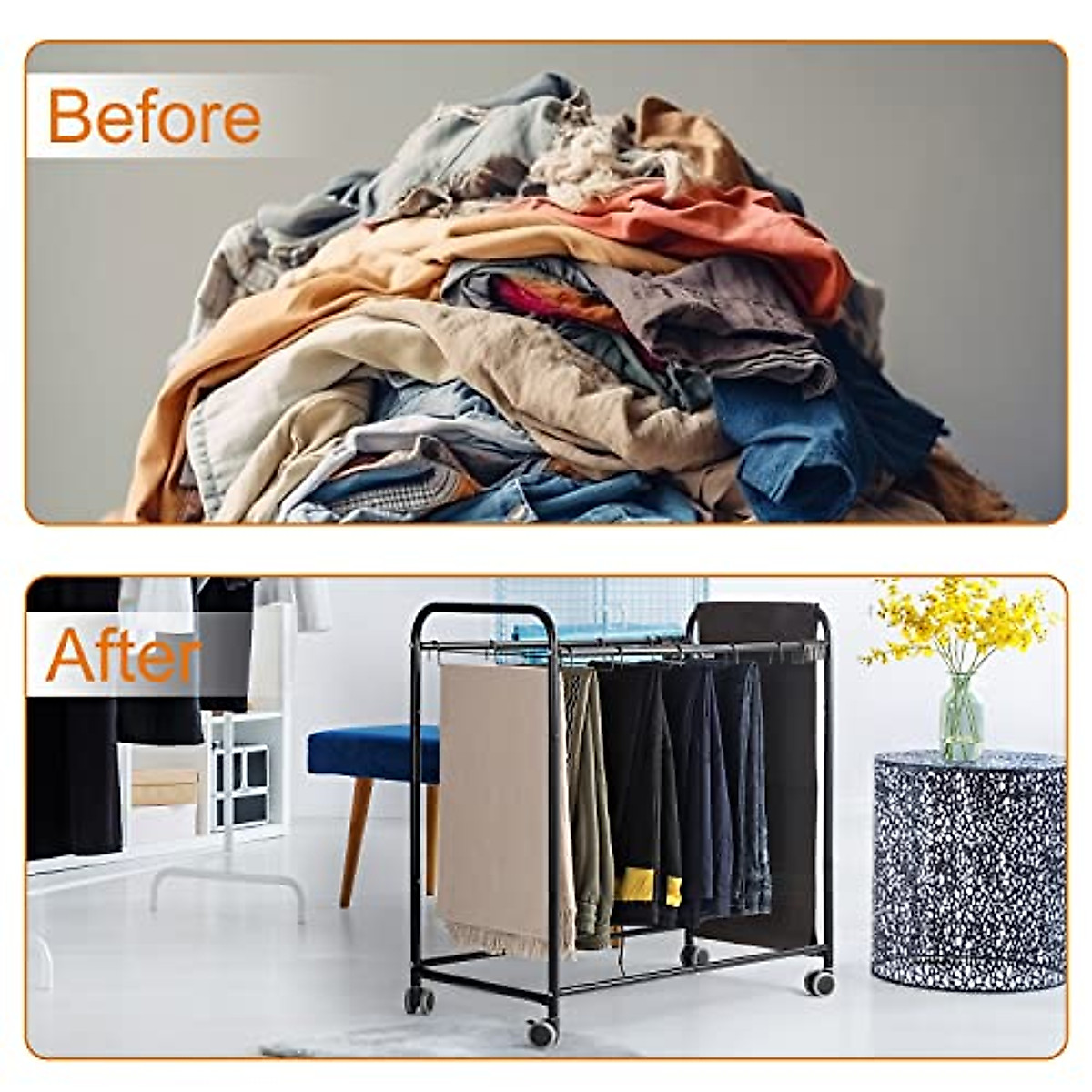 Pants Hanger Rolling Pants Trolley Pant Rack with 20 Hangers and Side Bag Multifunctional Closet Organizer for Jeans Scarf Skirts Trouser Blanket, Black