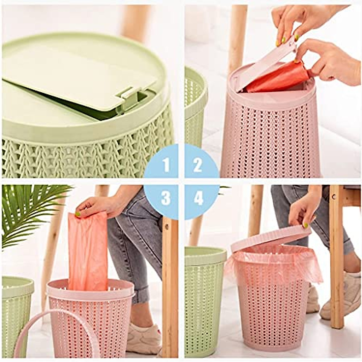 UWEL Hollow Trash Can Waste Bin with Built-in Trash Bag Storage Box Creative Wastebasket Garbage Bin Storage Basket Home Living Room Bedroom Kitchen Waste Debris Storage Garbage Bin Basket (Blue)