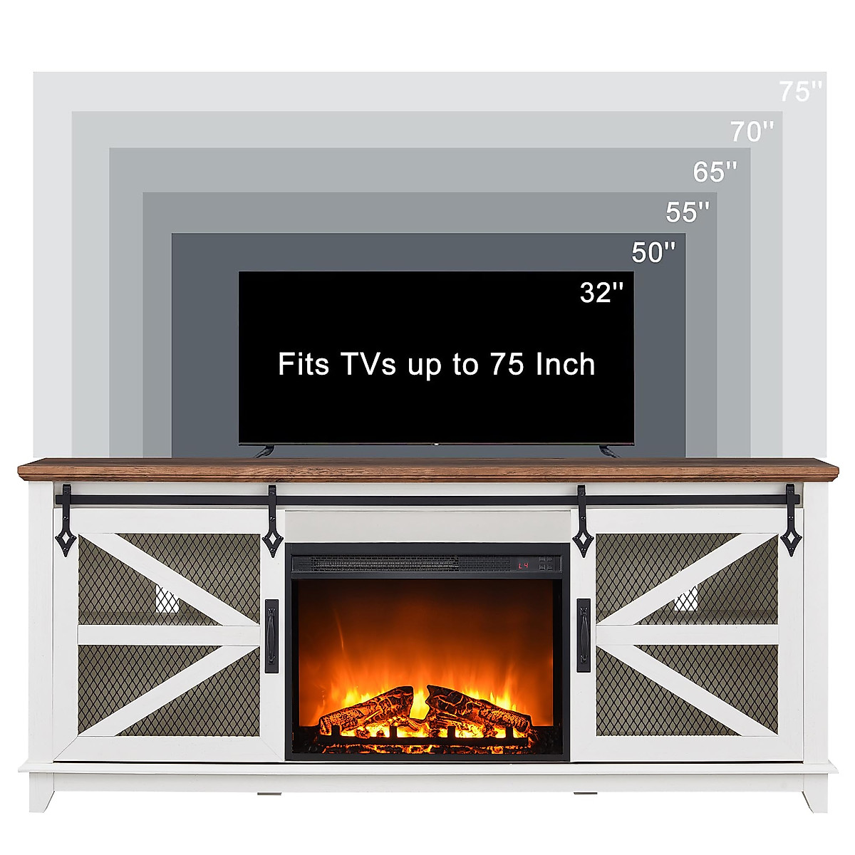 OKD Fireplace TV Stand for 70 75+ Inch TV, Industrial & Farmhouse Entertainment Center w/23 Electric Fireplace & Sliding Barn Door, Rustic Media Console Cabinet for Living Rooms, Antique White