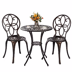 PATIO-IN Patio Bistro Sets 3 Piece, Outdoor Bistro Table and Chairs Set of 2 with Umbrella Hole, Cast Aluminum Bistro Set, Patio Furniture for Yard Garden Porch, Bronze