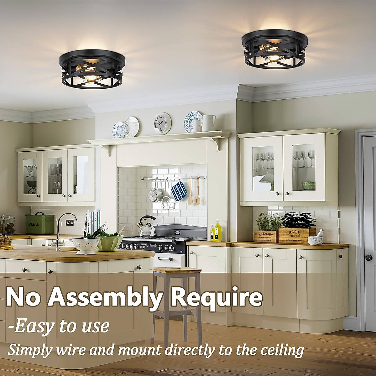 2-Light Flush Mount Ceiling Light Fixtures, 2-Pack Farmhouse Black Ceiling Lights, Industrial Metal Cage Light Fixtures Ceiling Mounted with Adjustable Head, Ceiling Lights for Bedroom Hallway Kitchen