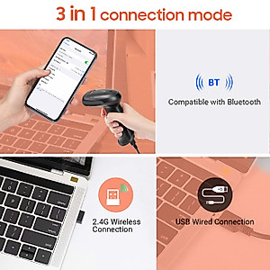 Tera Pro Wireless 2D QR Barcode Scanner with Stand, 3 in 1 Bluetooth & 2.4GHz Wireless & USB Wired Connection, Image Bar Code Reader with Vibration Alert HW0002 (Black)