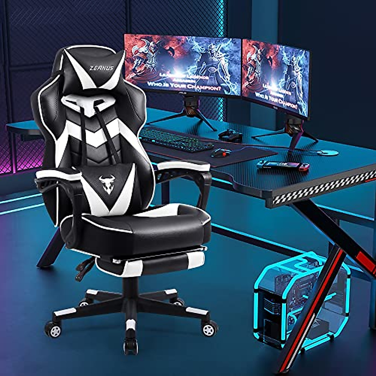 Zeanus Ergonomic Gaming Computer Chair, Recliner Computer Chair with Footrest, Office Gamer Chair with Massage, Big and Tall Racing Chair, Gaming Chairs for Adults, High Back Gaming Desk Chair White
