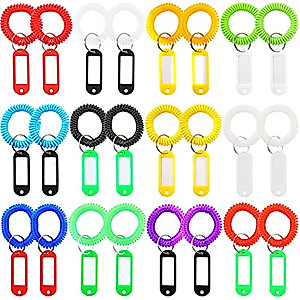 H&W 24pcs Plastic Stretchable Spring Coil Key Chain-Spiral & 24pcs Key Tags, Coil Wrist Keychain for Gym Pool ID Badge Sauna Outdoor Activities with Tags Split Ring Label