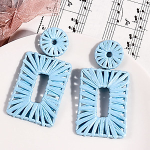 Statement Raffia Earrings Boho Drop Earrings Geometric Dangle Earrings for Women Handmade Straw Earrings Beach Earrings(Skyblue)