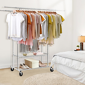 Rengue Double Clothing Garment Rack Heavy Clothes Duty Rolling Clothing Racks for Hanging Clothes Load 650lbs Portable Clothes Rack with Wheels Collapsible Commercial Garment Rack with 2 Storage Racks