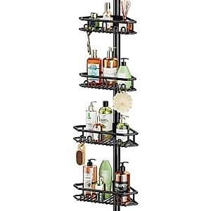 Yaonunoon Corner Shower Caddy Tension Pole- 4-Tier Adjustable Rustproof bathroom shower organizer- 62-115 Inch - 2024 New Adjustable Bathtub Organizer Shelves