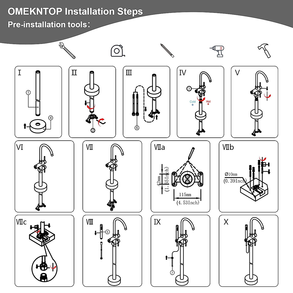 Freestanding Bathtub Faucet Floor Mount Tub Filler Brush Gold, OMEKNTOP Modern Freestanding Tub Faucet with 360 Swivel Gooseneck Spout and Handheld Shower, Standing Tub Faucet for Bathroom