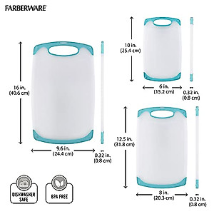 Farberware Non Slip Plastic Cutting Board Set with Juice Grooves, Set Of 3, White and Aqua
