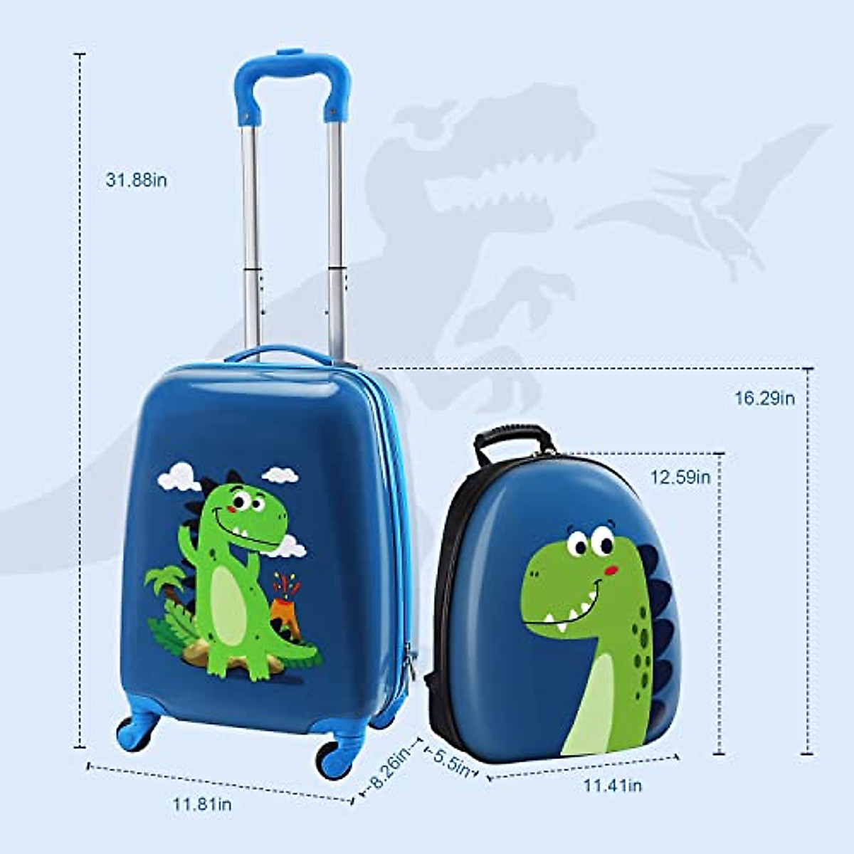 emissary Kids Luggage With Wheels For Boys - 18” Dinosaur Kids Suitcase With 14” Backpack - Kids Carry On Luggage With Wheels - Kids Suitcases For Boys and Girls - Hard - Sided Rolling Kids Suitcase