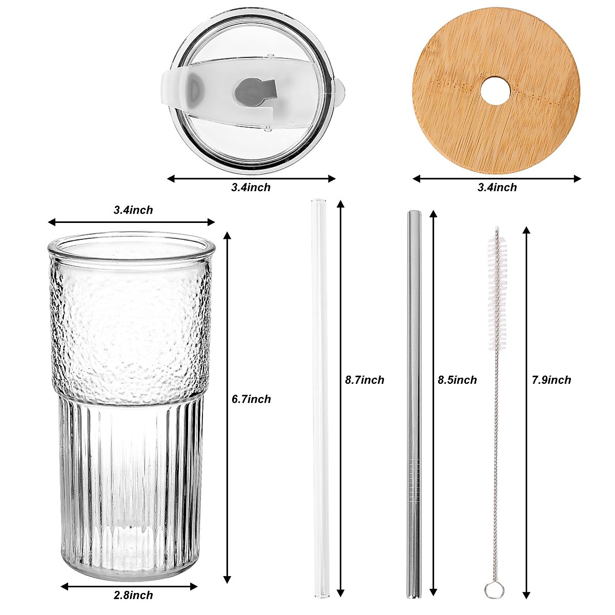 Moretoes Glass Cups with Lids and Straws, 20 oz Glass Tumbler with Lid and Straw Iced Coffee Cup, Glass Cups for Juice Water Smoothie, Glass Drinking Set of 4