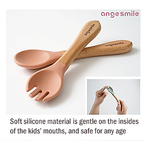 Baby Feeding Essentials Silicone Ange Smile 12 Set Bib, Baby Bowl, Suction Plate, Spoon, Fork Eating Utensils for 6+ Months Kids Toddler Kawaii Pink Peach