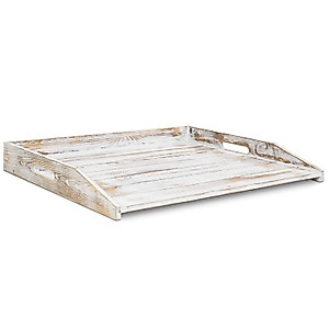 MyGift 30 Inch Extra Large Noodle Board, Shabby White Washed Solid Wood Stove Top Cover with Cutout Handles, Decorative Oversized Kitchen Countertop Serving Tray