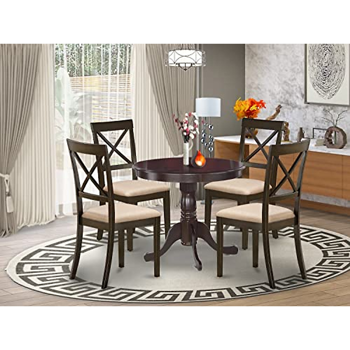 East-West Furniture ANBO5-CAP-C Wooden Dining Table Set- 4 Amazing Dining Room Chairs with Linen Fabric seat and A Mid Century Dining Table (Cappuccino Finish)