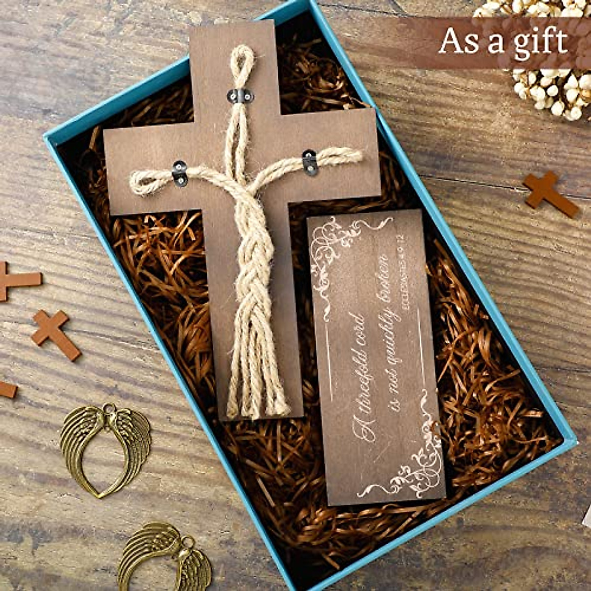 Sign for Wedding Ceremony Wedding Wooden Sign a Threefold Cord Wooden Cross Cord of Three Strands Knot Rustic Rope Cross for Reception Braid Signs Wall Decor Gifts, 13.8 x 7.8 Inch
