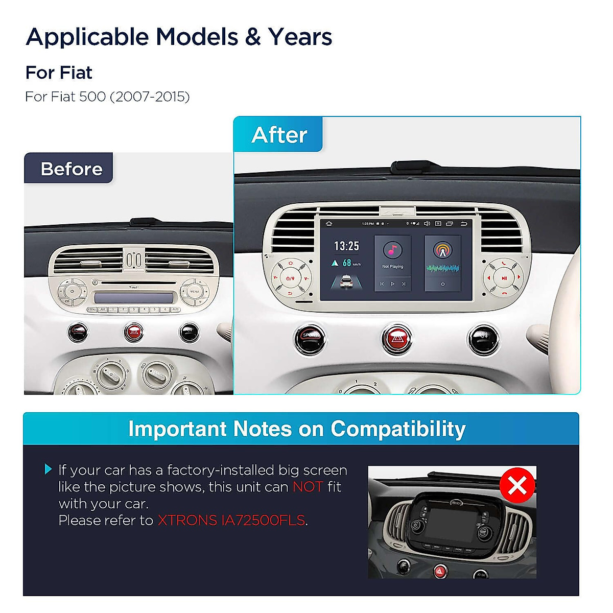 XTRONS for Fiat 500 (2007-2015) Touch Screen Radio, 7 Inch Android 13 Car Stereo for Fiat 500 Replacement Bluetooth Head Unit Built-in DSP Car Play Android Auto (Cream)