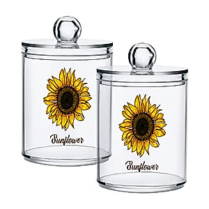 JUAMA Watercolor Sunflower 2-Pack Canister Set with Lid, Apothecary Jars for Bathroom Clear Plastic Storage Organization for Cotton Swab/Ball/Pads Dental Floss, Multicolor