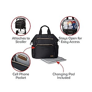 Skip Hop Diaper Bag Backpack: Mainframe Large Capacity Wide Open Structure with Changing Pad & Stroller Attachement, Black with Gold Trim
