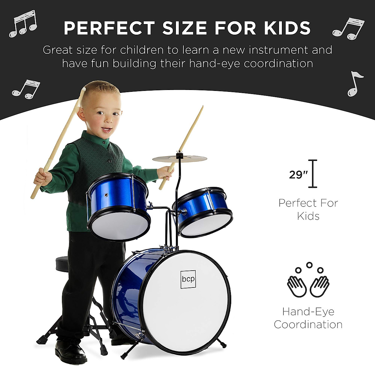 Best Choice Products Kids Drum Set 3-Piece Beginner Drum Set Junior Drum Set, w/ Throne Stool, Cymbal, Drum Sticks, Bass Drum Pedal, 2 Toms - Blue