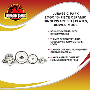 Ukonic Jurassic Park Logo 16-Piece Ceramic Dinnerware Set Replica | Movie-Authentic Dinosaur Dish Set | Includes Dinner Plates, Salad Plates, Soup Bowls, Mugs | Place Setting For 4, White