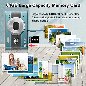 4K Digital Camera,Kids Camera with 64GB SD Card,Autofocus 64MP Point and Shoot Digital Cameras with 18X Digital Zoom,Two Batteries,Compact Small Camera for Kids Boys Girls