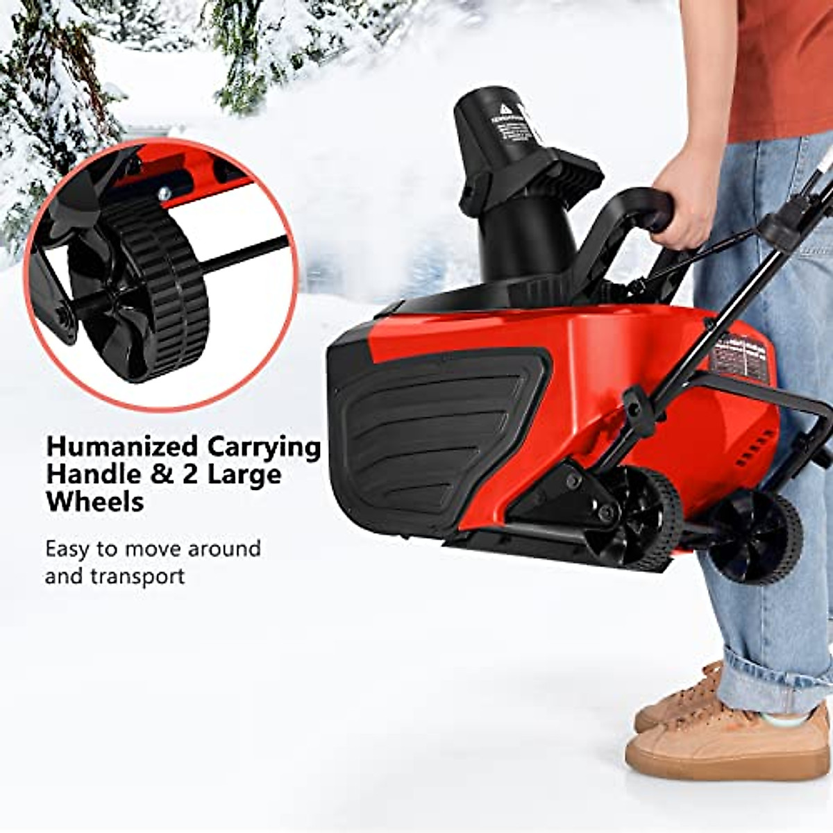 Safstar Snow Blower, Electric Snow Thrower with 180° Chute Rotation & 2 Transport Wheels, 10” Clearing Depth & 18” Width, Power Snow Blower w/30 Feet Throwing Distance, 720Lbs /Minute (Red)