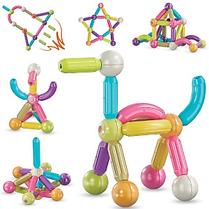 Magnetic Balls and Rods Set | 34 PCS Educational Magnet Building Blocks – Vibrant Colors, Different Sizes & Curved Shapes + Instructions Manual – Developmental STEAM Toys for Boys & Girls 3 4 5 6 7