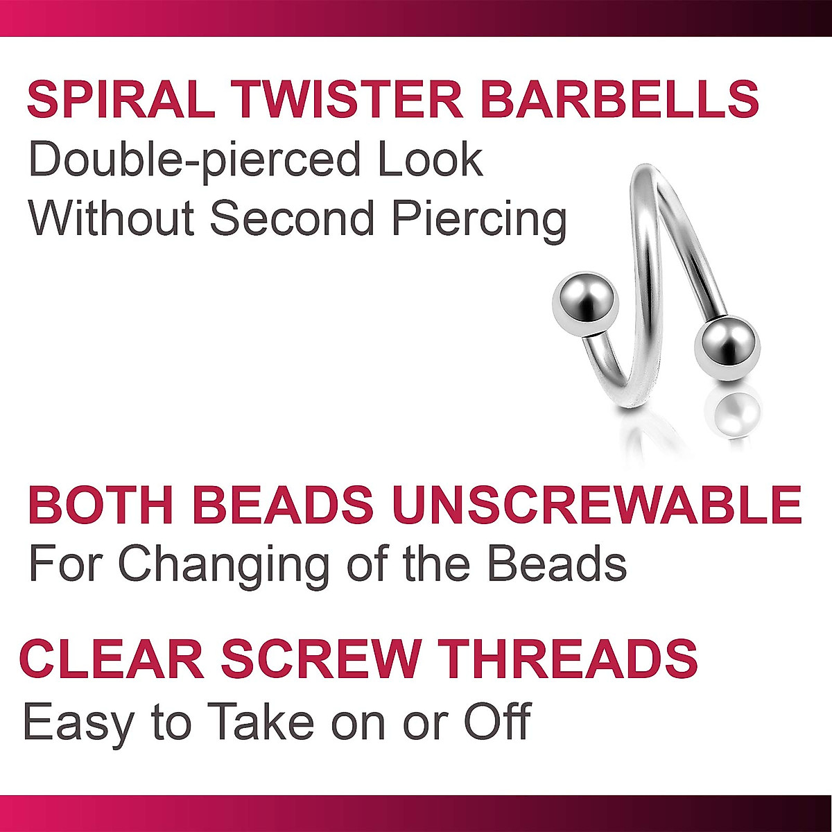 bodyjewellery 4pcs 16g Spiral barbell Cartilage Earring Lip Tragus Eyebrow Hoop Helix Twisted Bar Surgical Steel Studs 3mm Balls - 10mm