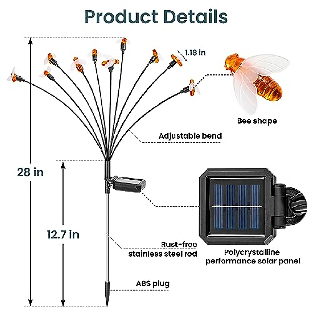 PATIOPIA Solar Garden Lights, Bee Shape Garden Lights Solar Outdoor, Solar Lights for Outside Sway by Wind,Solar Lights Outdoor Waterproof for Yard Patio Pathway Decoration(2 Pack)