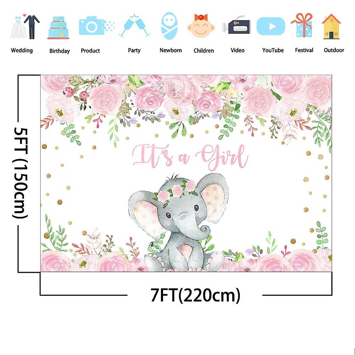 Mocsicka Elephant Baby Shower Backdrop Girl Pink Floral Little Elephant Baby Shower Background 7x5ft Blush Pink and Gold Sprinkle Elephant Baby Shower Backdrop Decorations for Girls