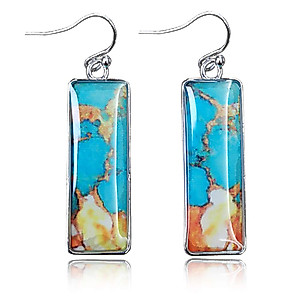 Unique Indian Ethnic Turquoise Square Dangle Drop Earrings Boho Gypsy Retro Colorful Geometric Bar Vintage Silver Hook Earrings for Women (Blue)