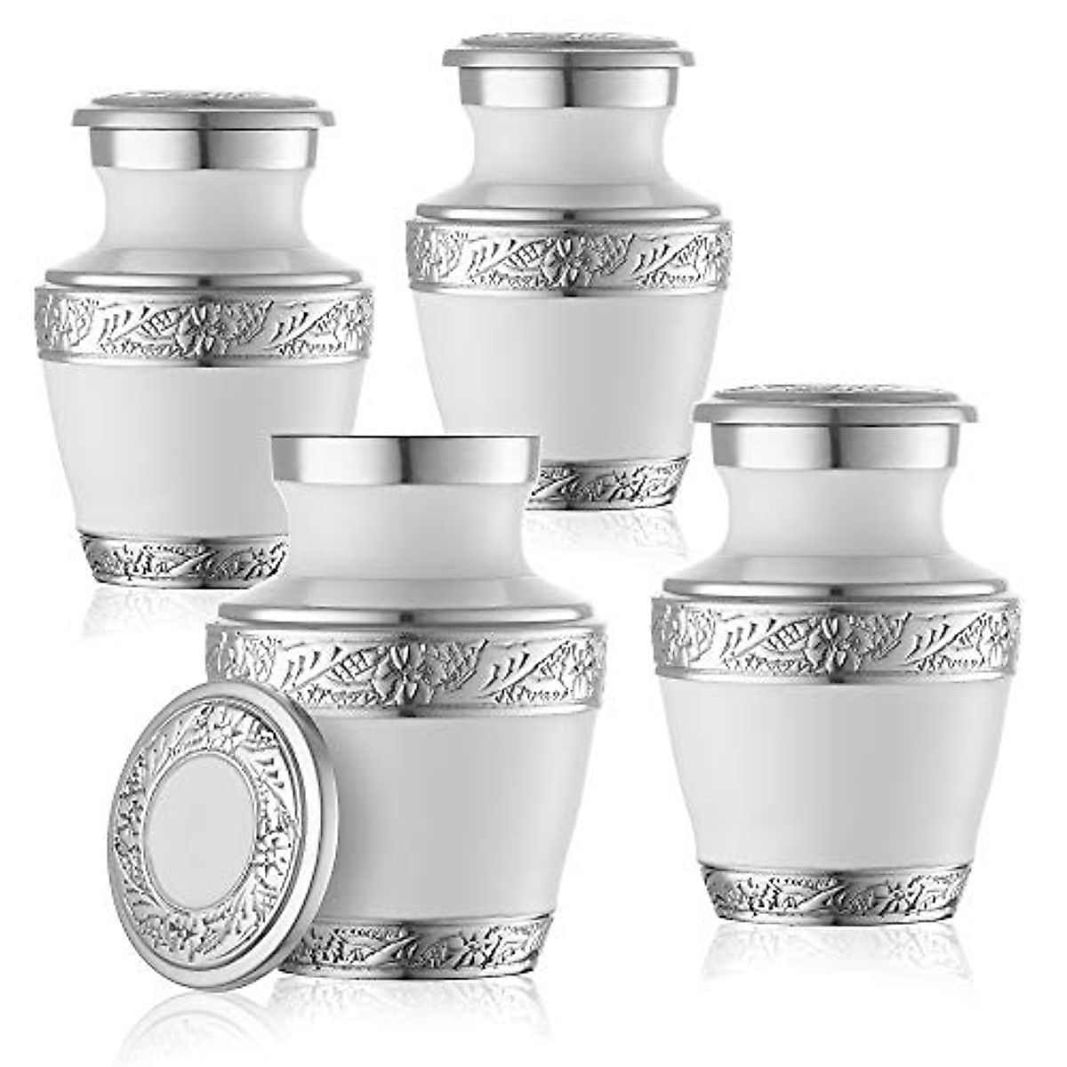 Reminded Small Cremation Urns for Human Ashes, Mini Keepsake Set of 4 White and Silver with Velvet Case