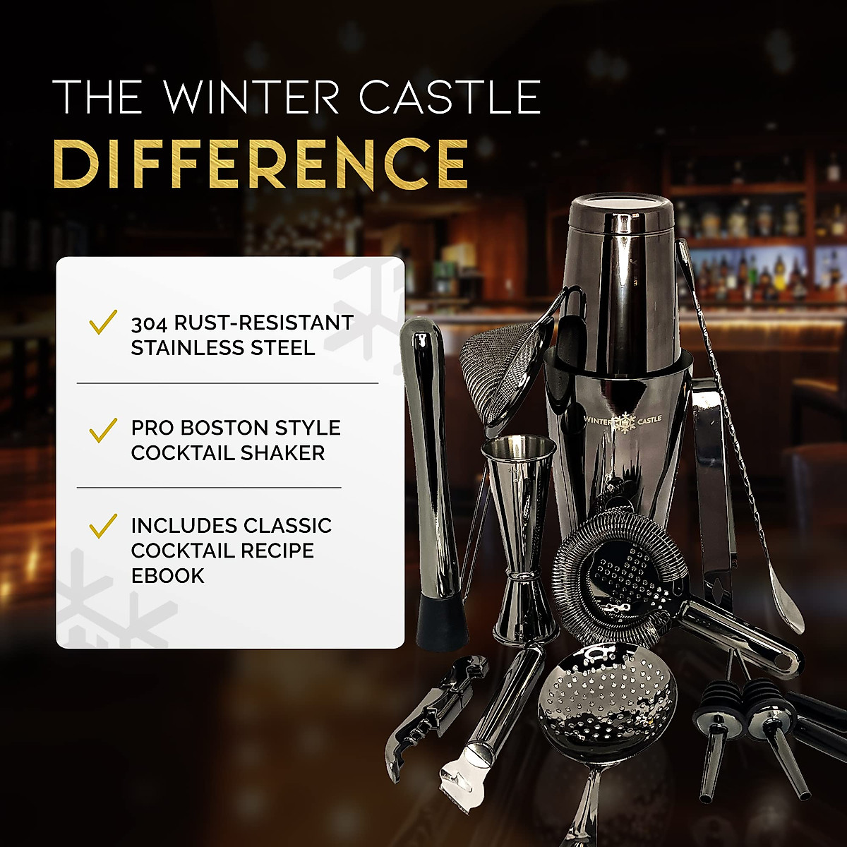 Cocktail Shaker Set 16 Piece, Mixology Essential, All-in-One Cocktail Set, Drink Shaker, Strainers and Essential Bar Tools, Bar Set for Beginner & Professional Use, Black - WinterCastle Enterprises