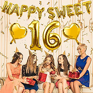 Lnlofen Happy Sweet 16 Balloon Banner with 2 Heart Foil - Gold 16th Birthday Party Decorations - Happy Sixteen Party Decorations Supplies