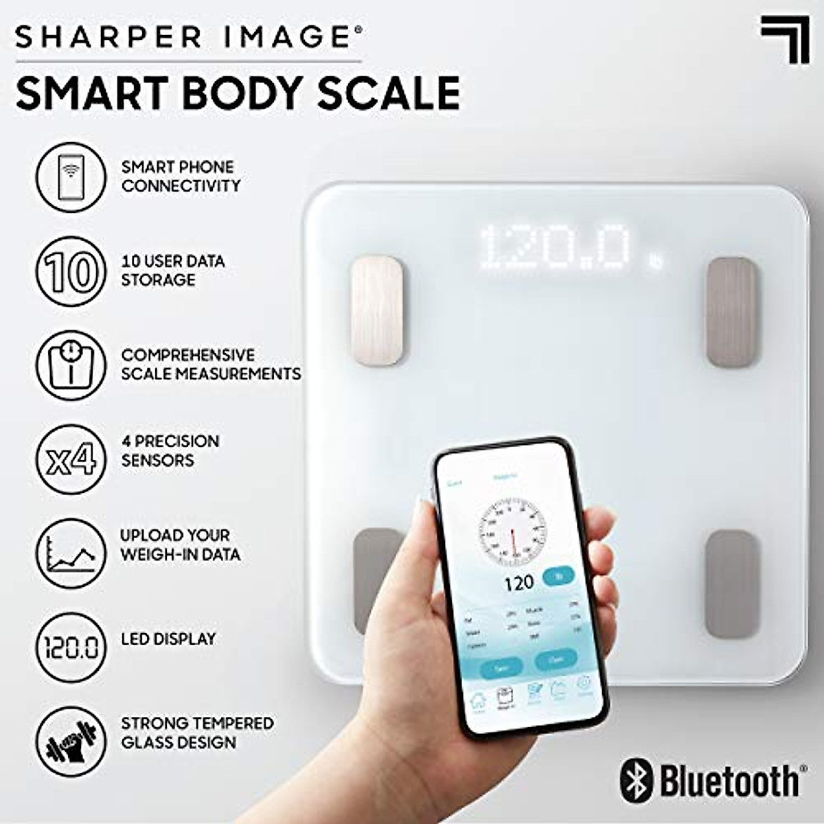 SHARPER IMAGE Digital Bathroom Smart Scale, Wireless Bluetooth Connectivity, Companion App Tracks Weight, Body Fat & BMI, Android & iOS Compatible, 10 User Health Profiles, Accurate Precision Sensors