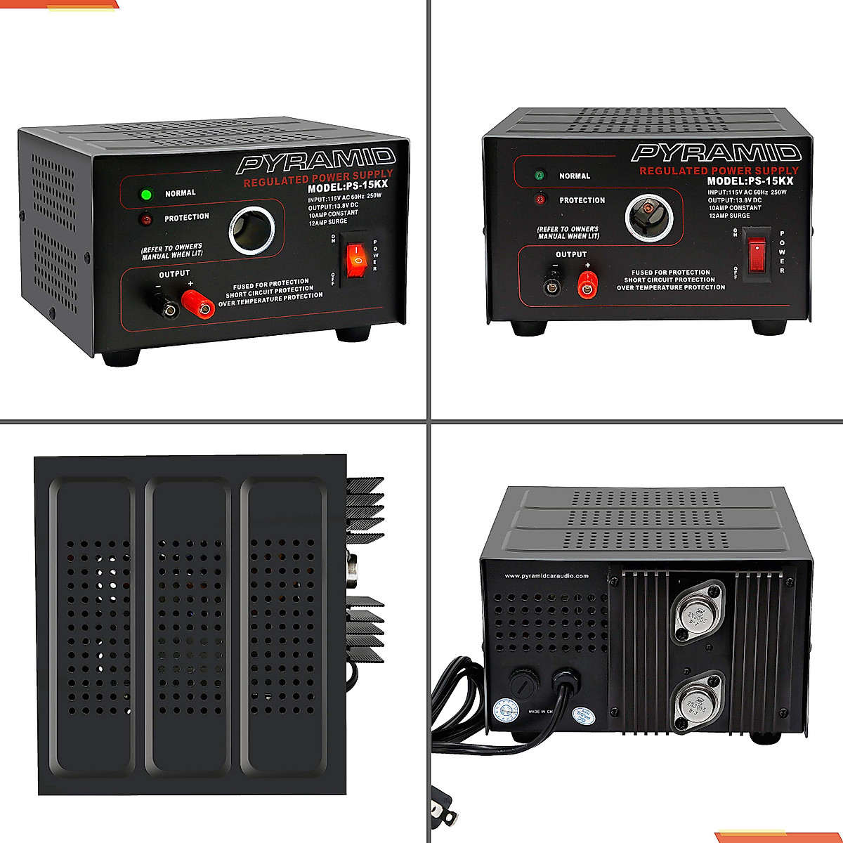 Pyramid Universal Compact Bench Power Supply - 10 Amp Linear Regulated Home Lab Benchtop AC-to-DC Converter w/ 13.8 Volt DC 115V AC 250W Input, Screw Type Terminal, 12V Car Cigarette Lighter-PS15K.5