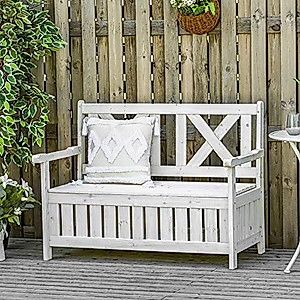 Outsunny 29 Gallon Garden Storage Bench with Wooden Frame, Large Entryway Deck Box w/Unique X-Shape Back, Louvered Side Panels for Patio, Garden, Deck, Porch & Balcony, White