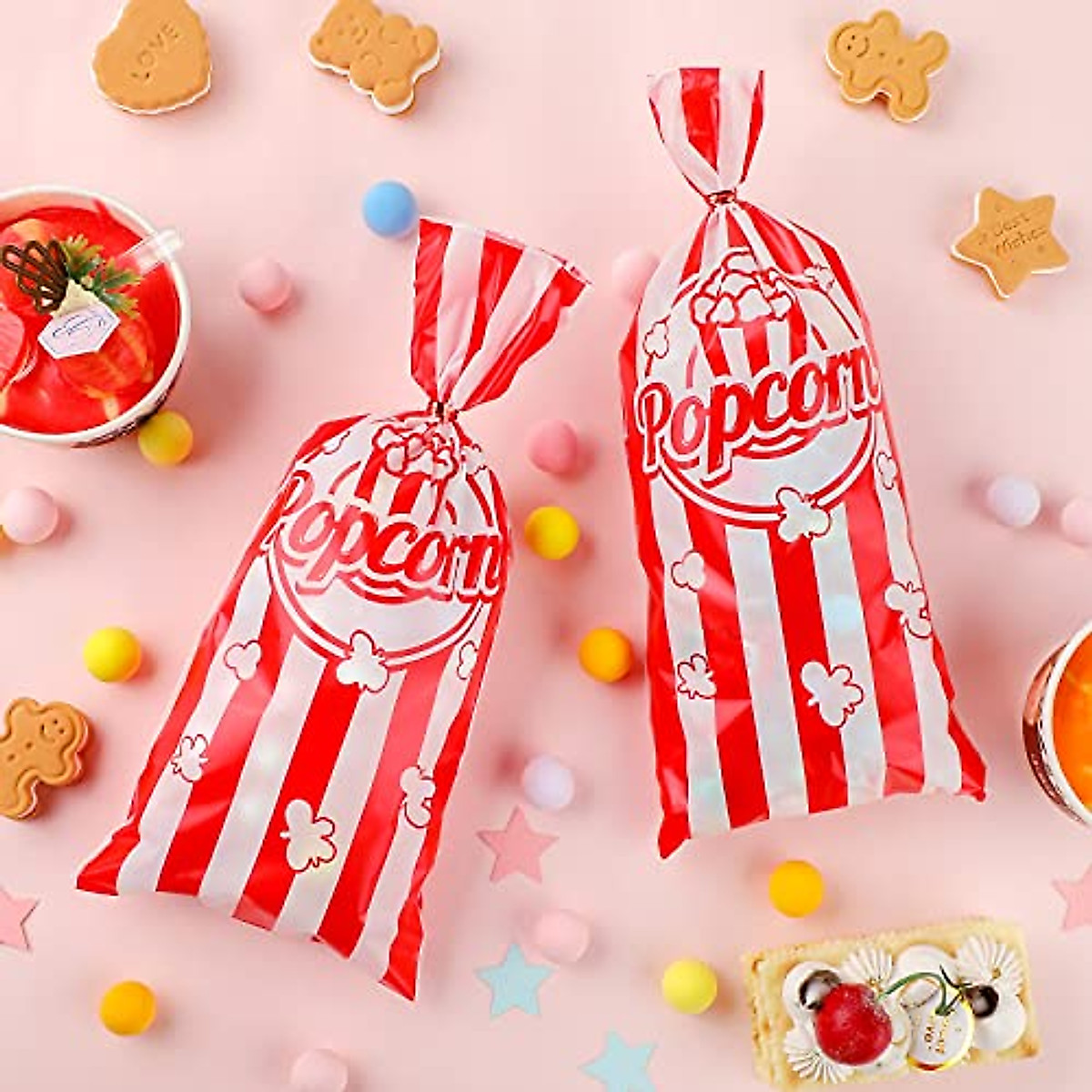 100 Pcs Popcorn Bags for Party Treat Set, Cellophane Candy Bags Red White Stripe Cookie Snacks Bags with 150 Red Twist Ties for Circus Carnival Birthday Party Favor(Strip Style)