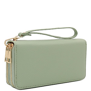 Double Zip Around Vegan Leather Wristlet Wallet (Mint)