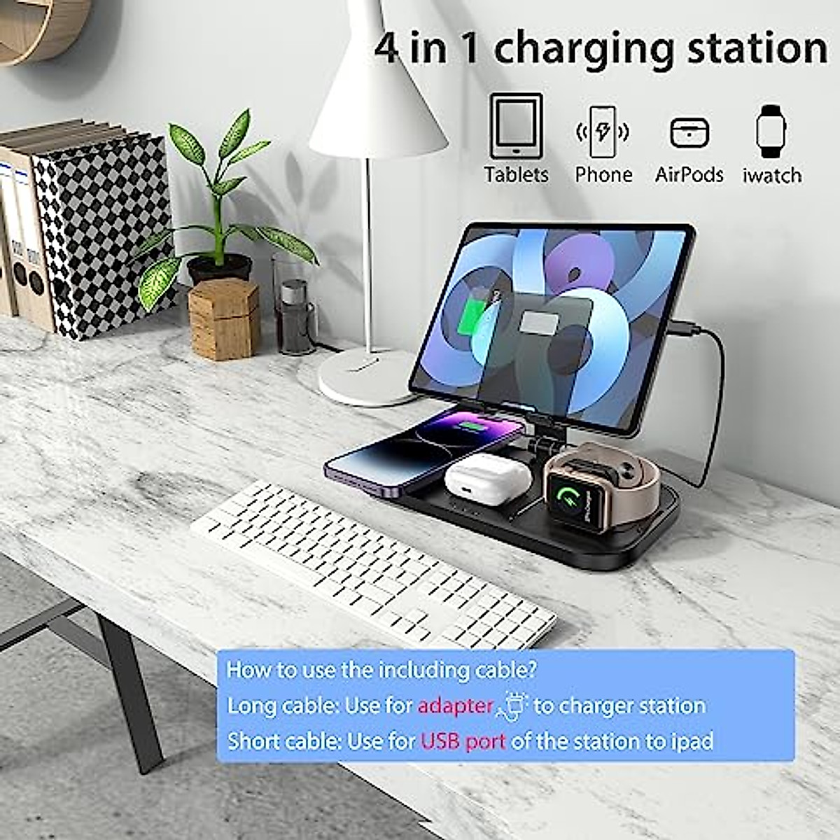 Wireless Charger 4 in 1 for Apple Charging Station for iPhone 15 Pro Max/14/13/12/11 AirPods Pro 2, iPad Stand Dock, Watch Charger for iWatch 9/8/7/6/SE, Charging Station for Apple Multiple Devices